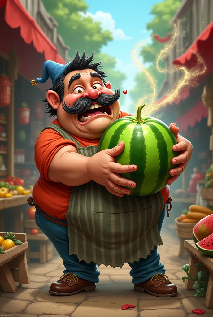 Greedy shopkeeper and magical watermelon cartoon image - SeaArt AI