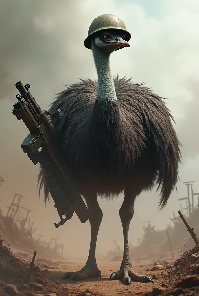 Emu wearing soldier helmet and gun - SeaArt AI