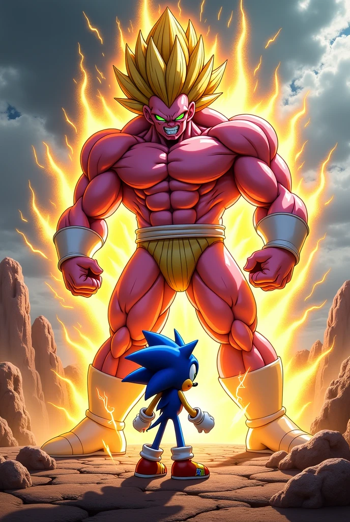 In this image we see a Sonic in the form of a super sayen , in a fight ...