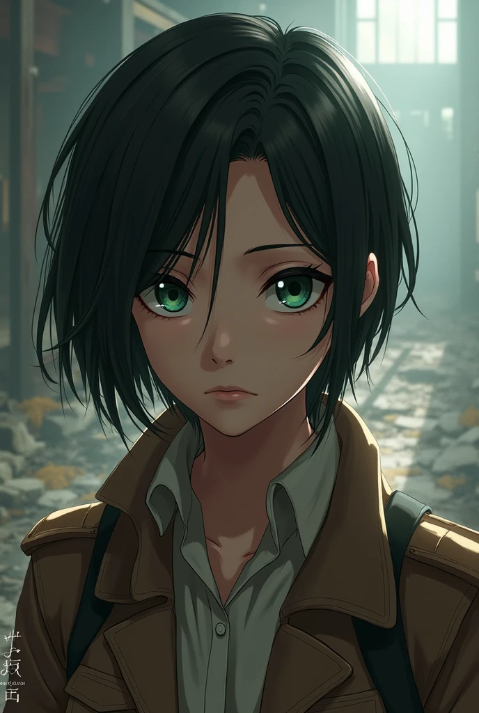 Anime style shingeki no kyojin, short mikasa style hair, a woman with ...