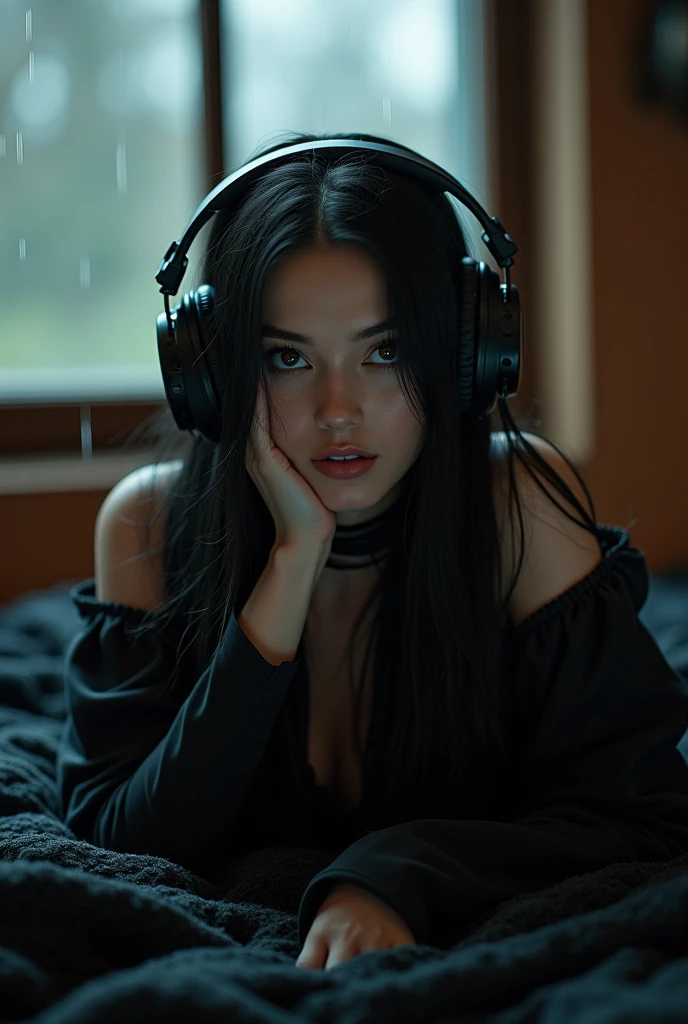 Pretty goth girl , model with curves, long hair and angular features ...