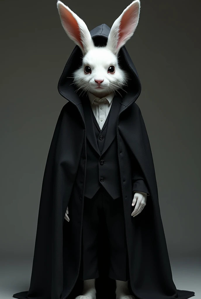 Make a white rabbit lycanthrope in a robe with a black hoodie - SeaArt AI