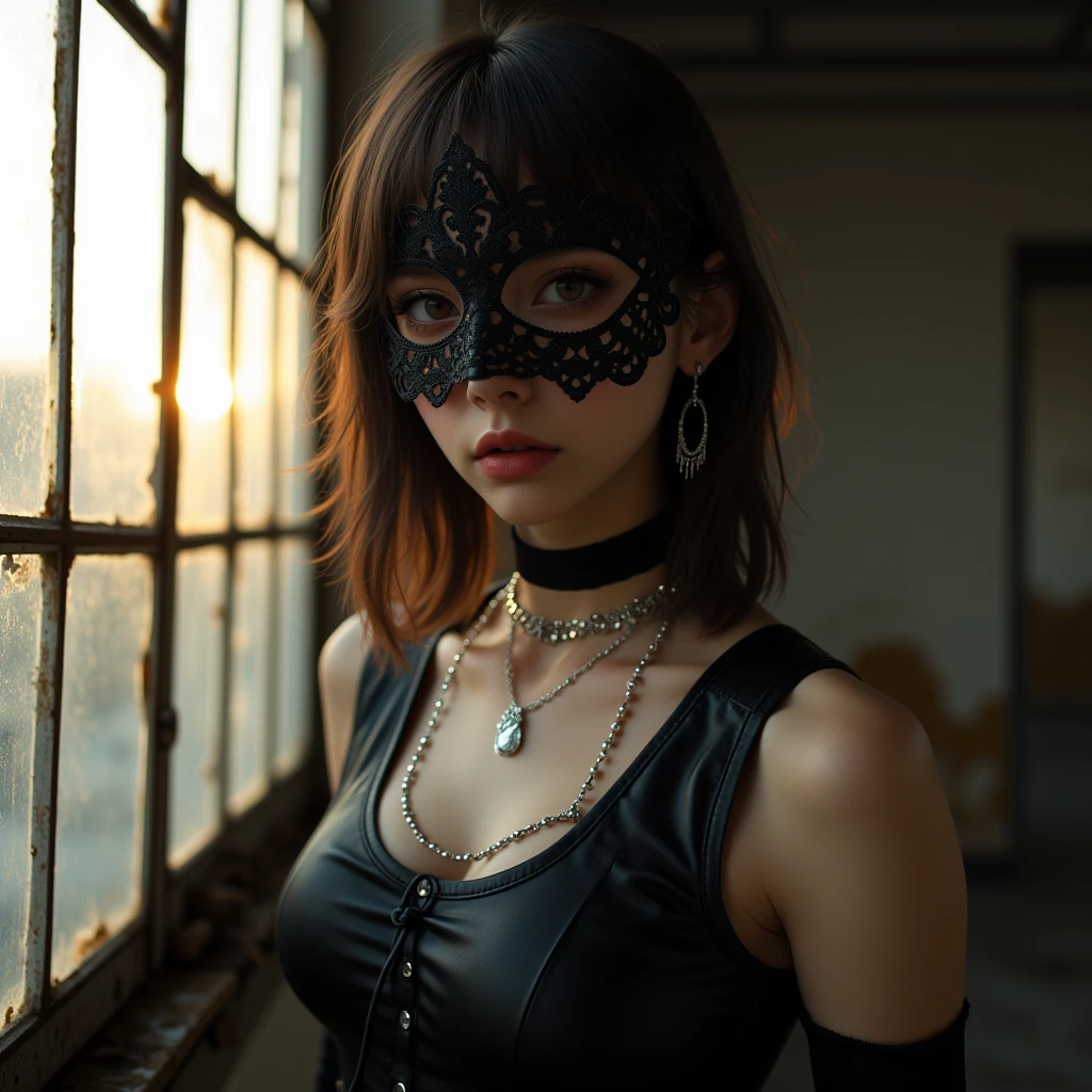 Wearing black detailed lace venetian mask, sliver necklace , dark brown ...