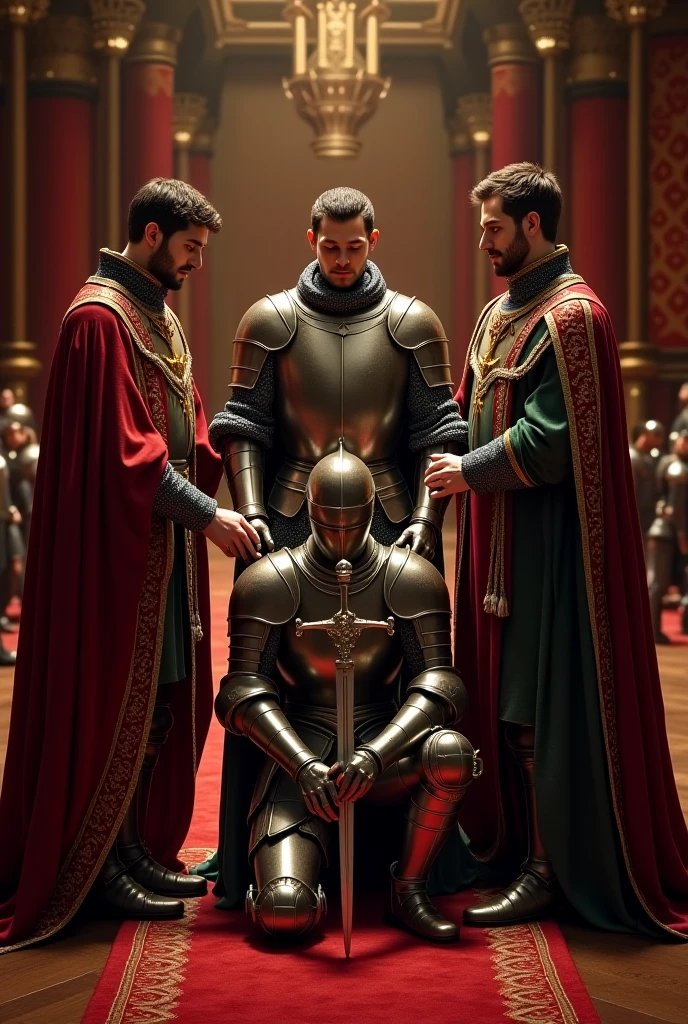 A knight, a king and a king put a sword on a knight's shoulder - SeaArt AI