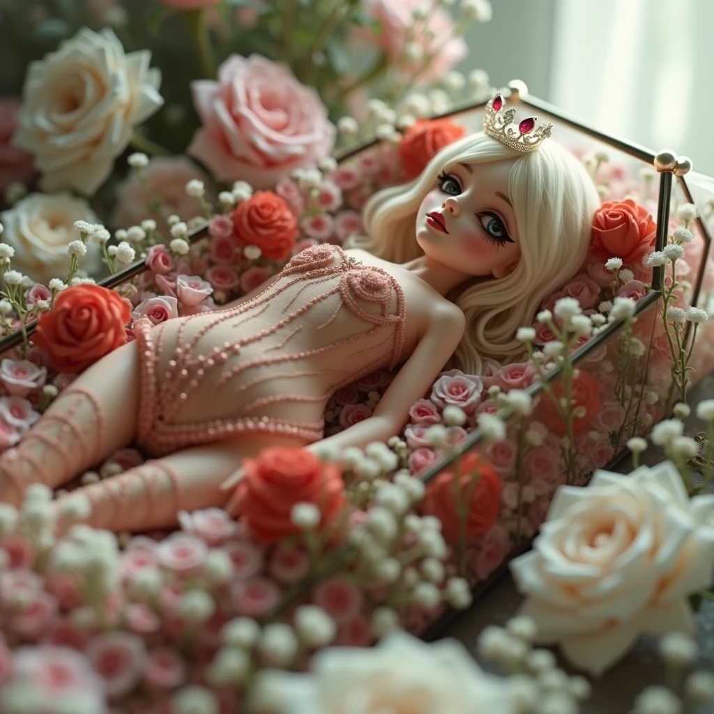 Tiny Vampire Empress Lying in a Glass coffin that filled with colorful flowers - SeaArt AI