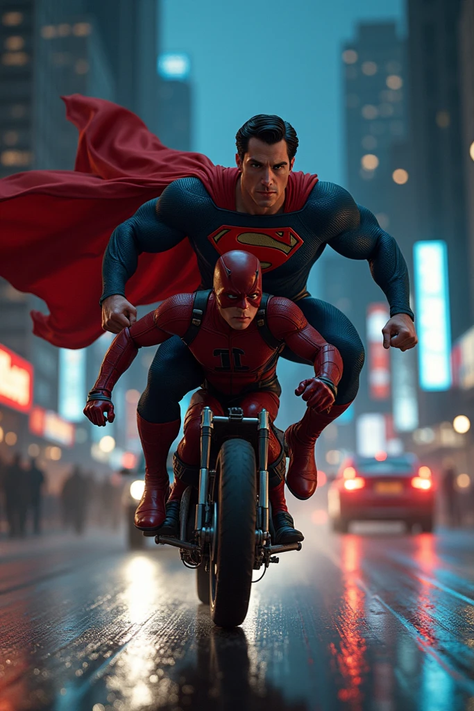 Marvel, 1975 Superman riding on Daredevil's back at night on the street ...