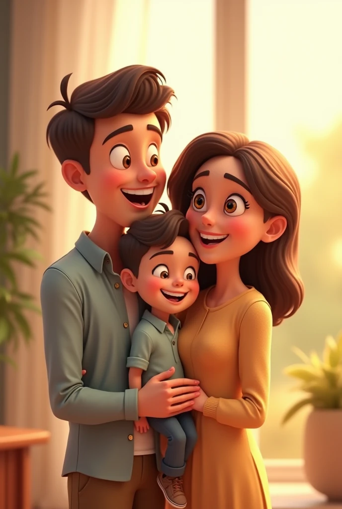 Please make an animated poster of a husband and wife and a small boy ...