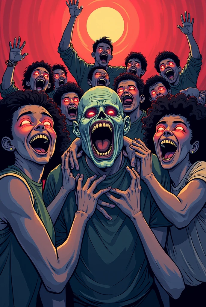 People holding roko laughing red eyes vector illustration - SeaArt AI