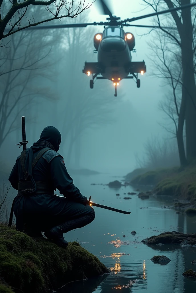 A tense cinematic scene set in a dark, swampy forest at twilight ...