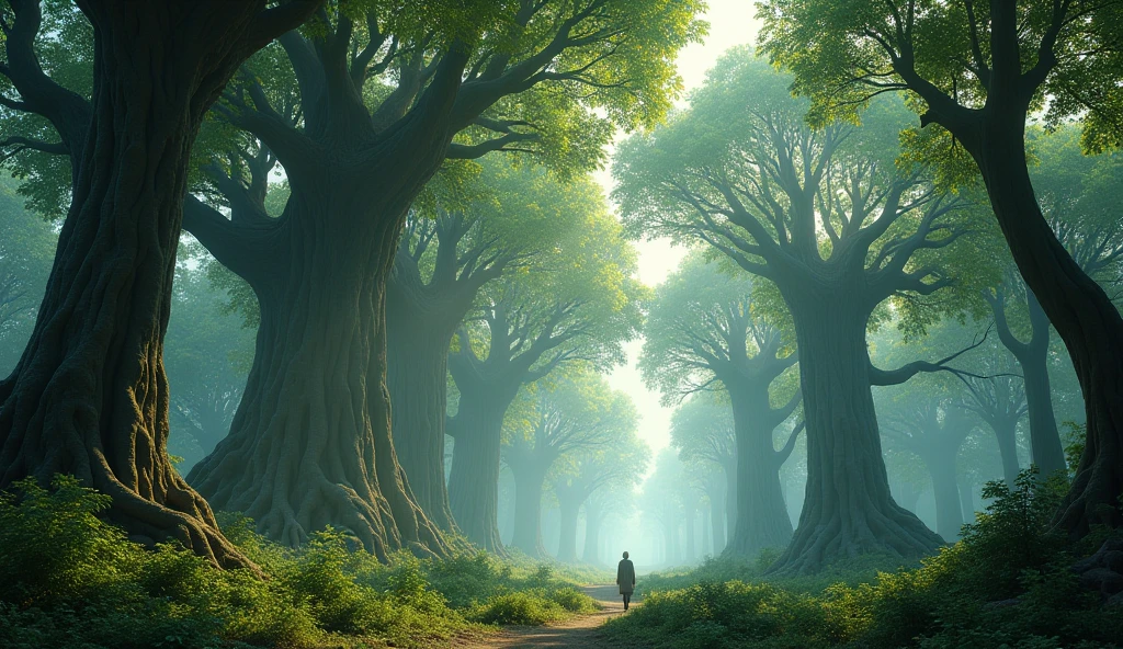 Hyperion trees in forest . Ariel view . Camera focused on top of the ...