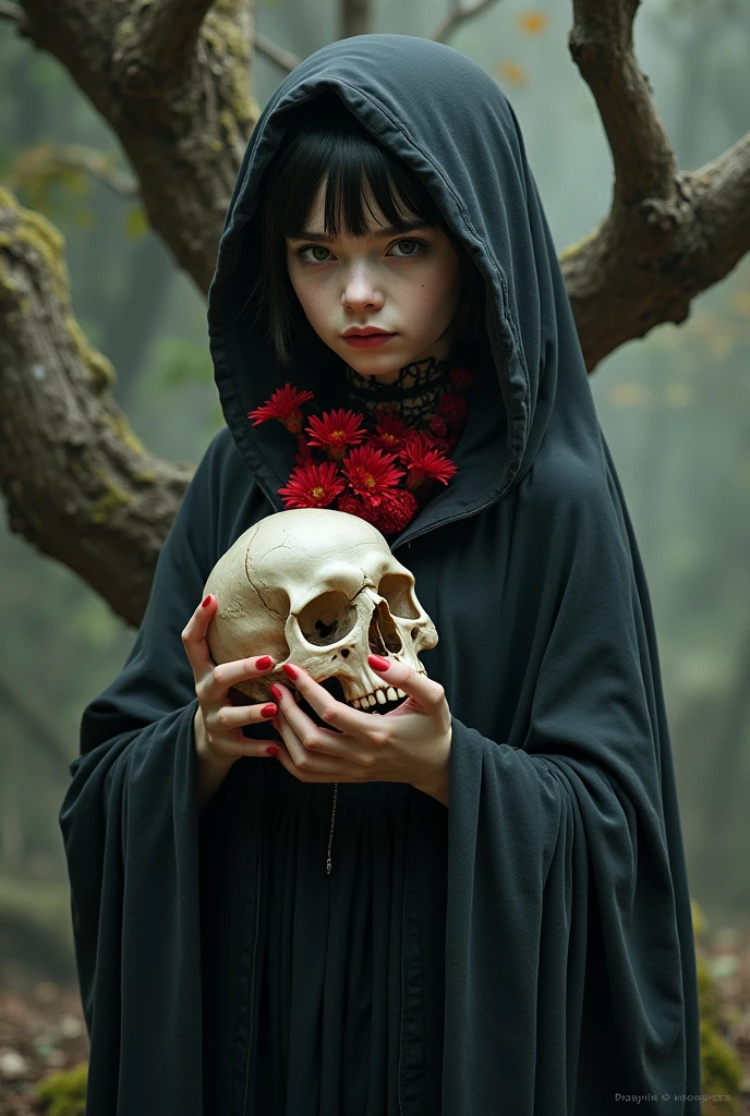 A girl with a short tree and a dark cape without a hat on her head and ...