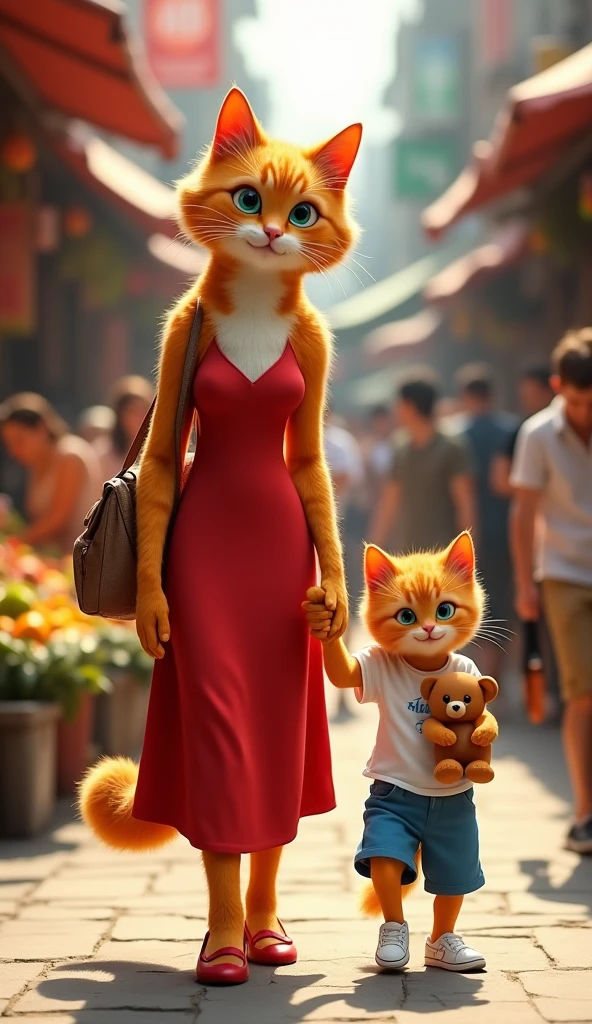 A tall, beautiful cat with bright orange fur, wearing an elegant red ...