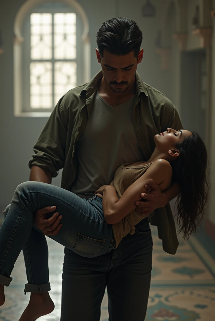 A true picture of an unconscious Syrian woman wearing a pair of jeans carried h - SeaArt AI