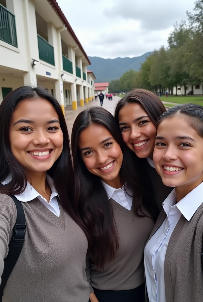 There are four people posing for a picture together in school uniforms - SeaArt AI