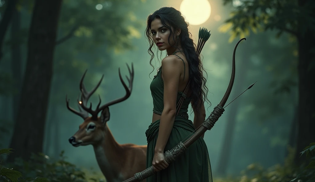 "A lifelike portrayal of Artemis, goddess of the hunt, with long ...