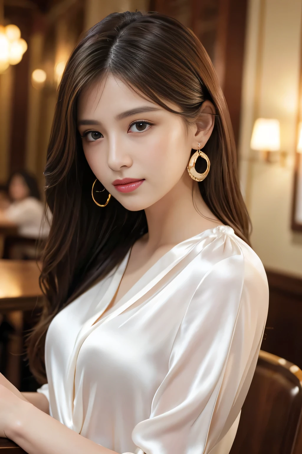 Araffe asian woman in a white blouse sitting at a table - SeaArt AI