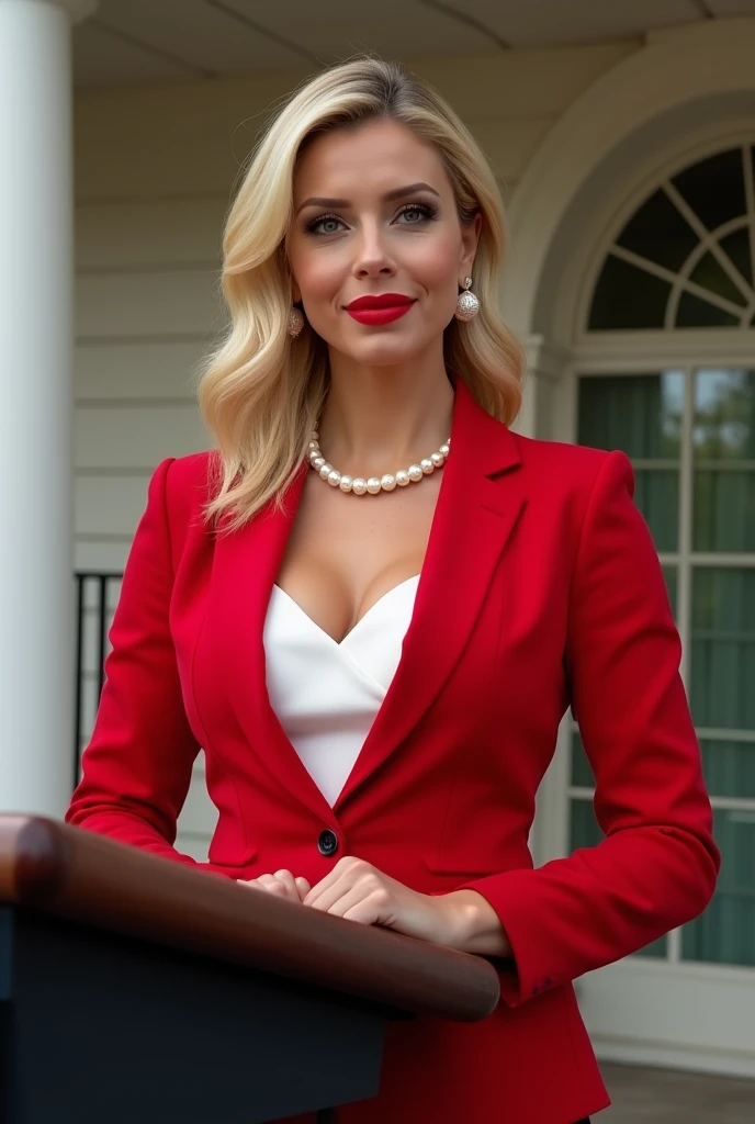 Photorealistic, young female press secretary, politically conservative ...