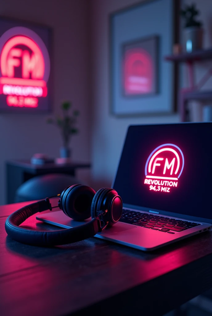 Headphones on the table , and the laptop screen showing an image with ...