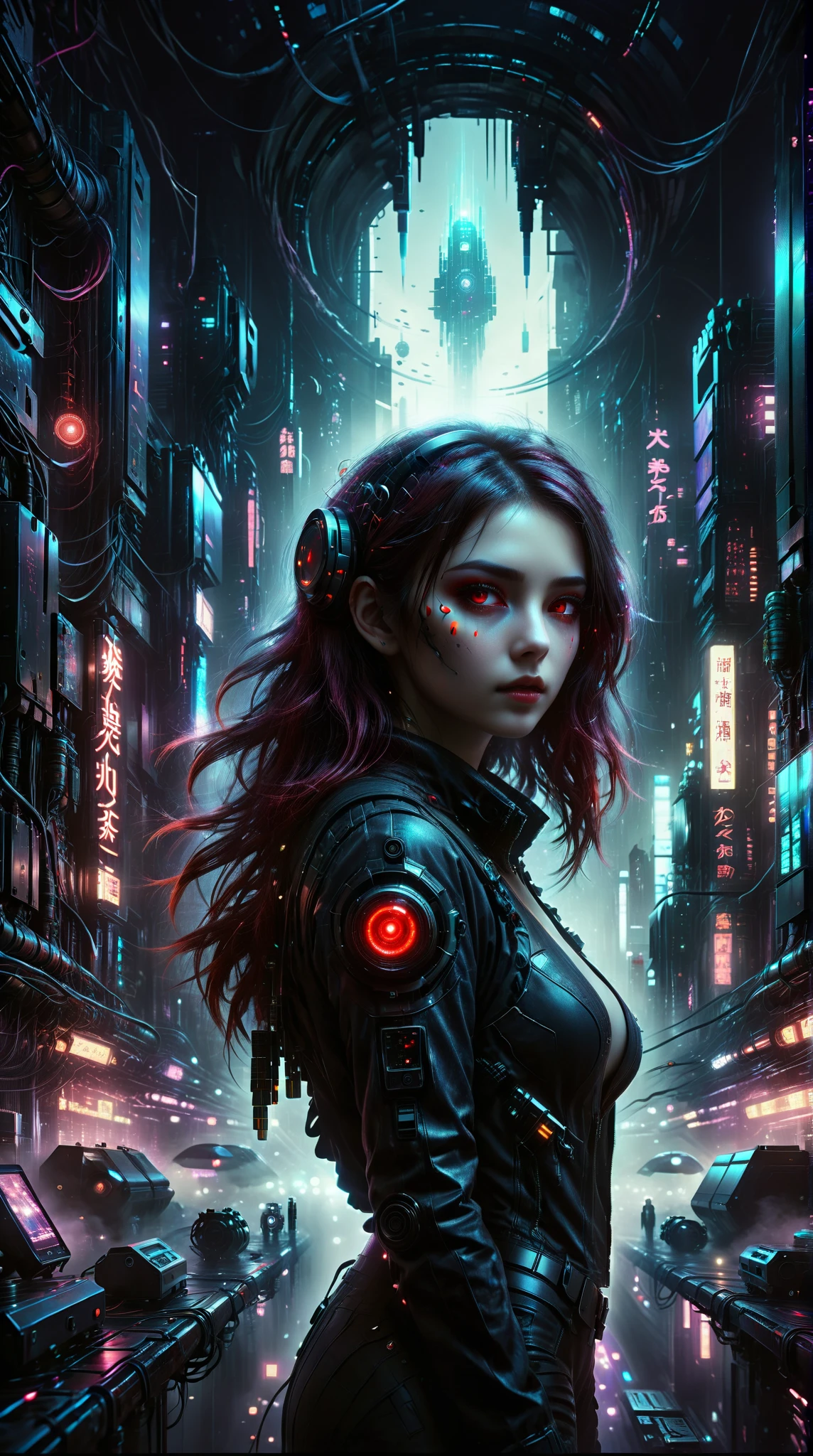 in a dense cyberpunk cityscape ， A girl with an electronic enhancement ...