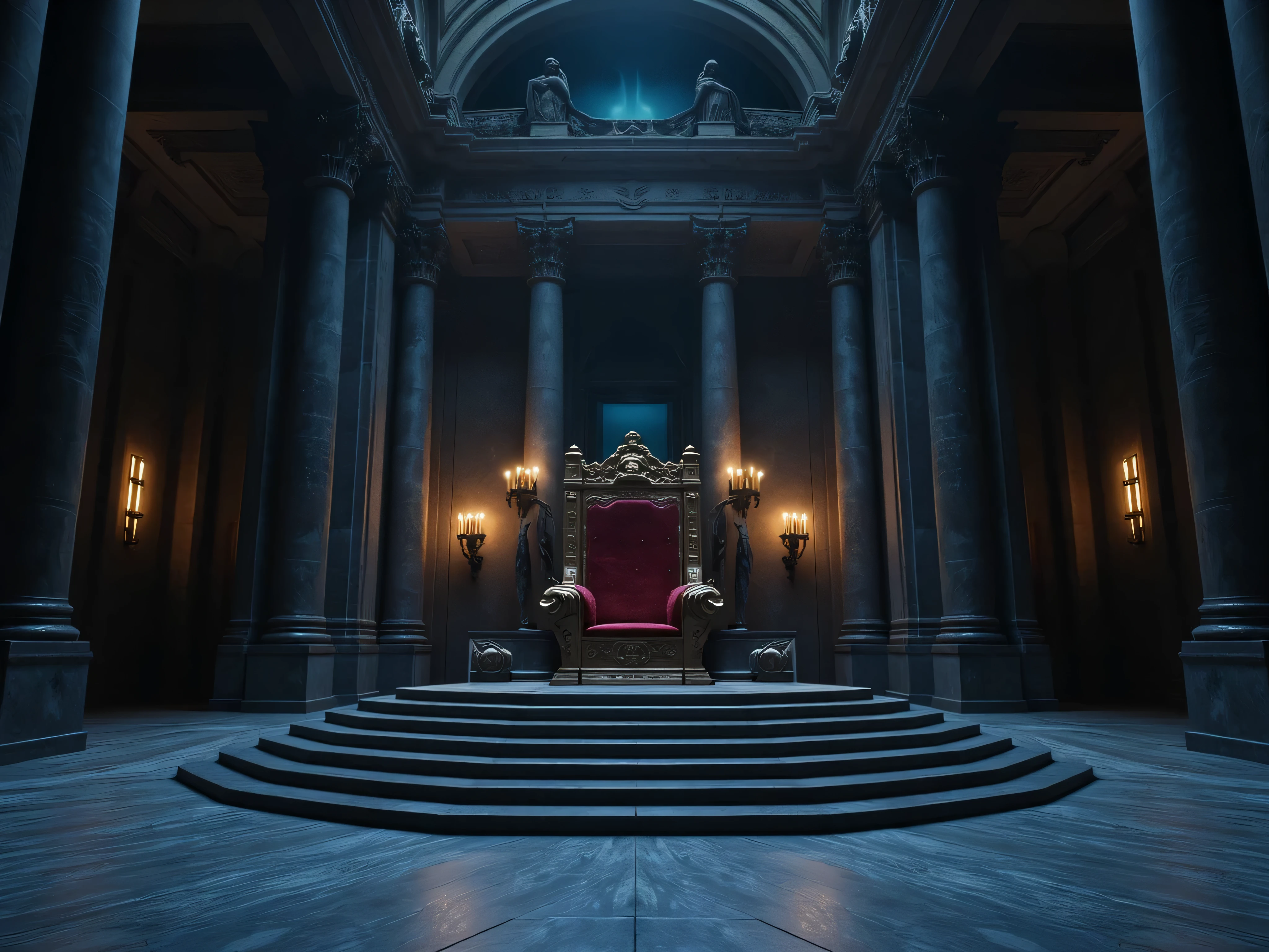 Arafed throne in a dark room with columns and a sky background - SeaArt AI