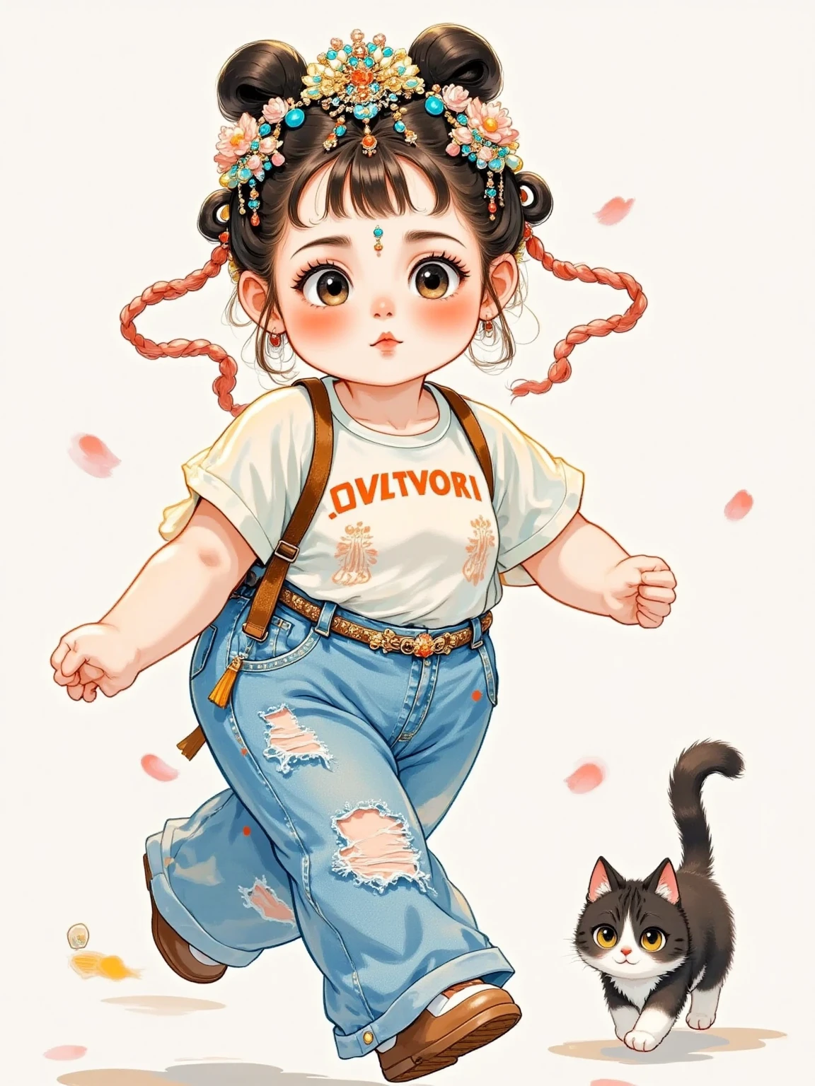 Chubby ，Cute，Big head，Big eyes， with long, fluffy braids ，, wear a t ...