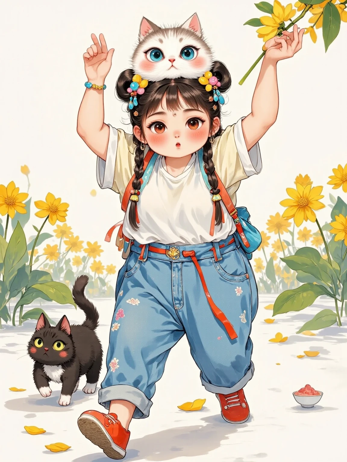 Chubby ，Cute，Big head，Big eyes， with long, fluffy braids ，, wear a t ...