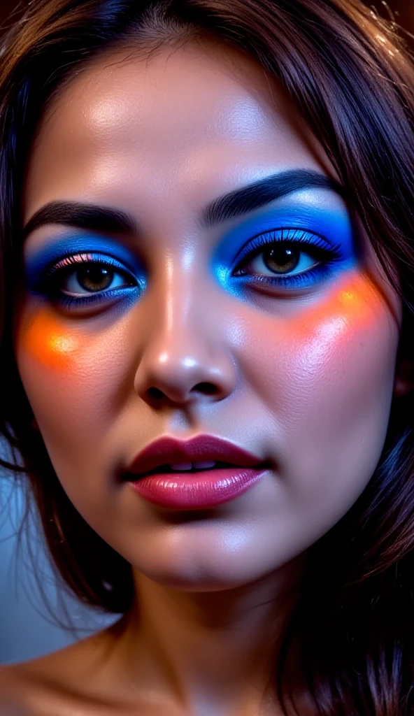A photograph of a woman's luminescent face with vibrant, glowing makeup ...