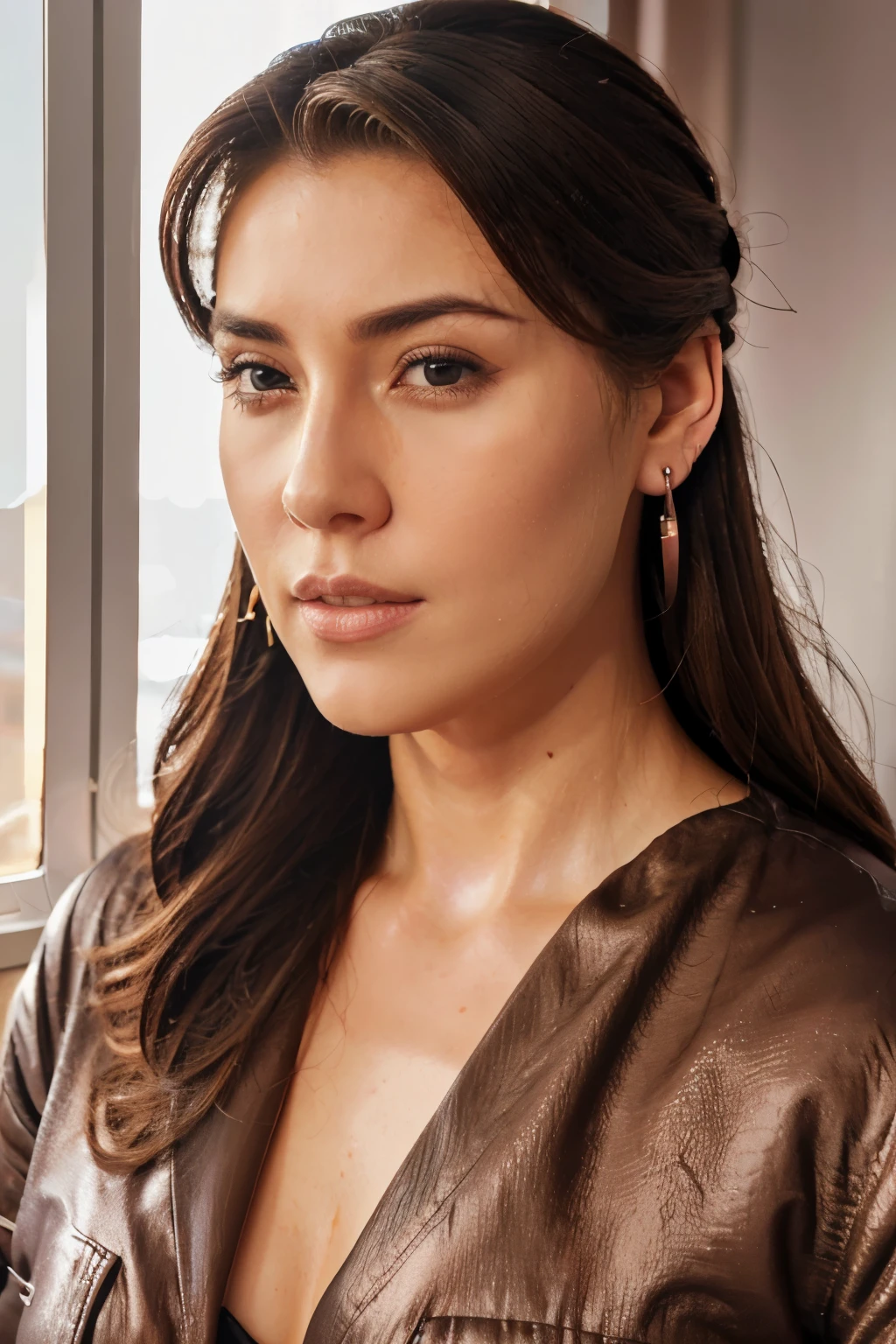 Arafed woman looking out a window with a brown shirt - SeaArt AI