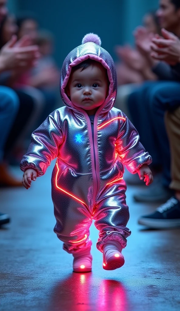 A baby, with wobbly but determined steps, walks toward the camera ...