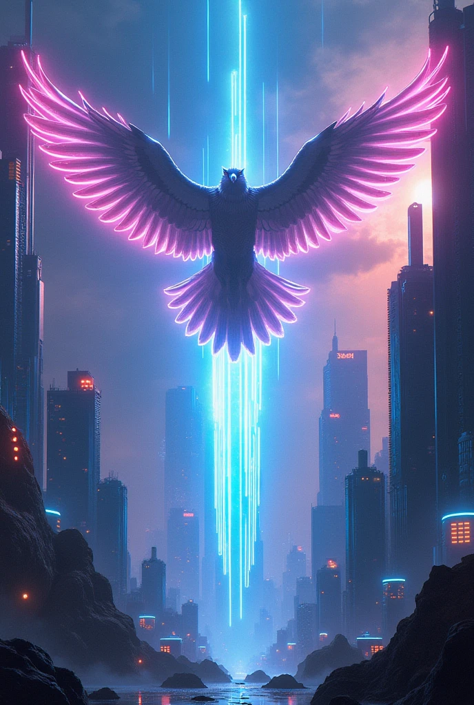 A futuristic landscape, with a falcon in the center flying upwards with ...