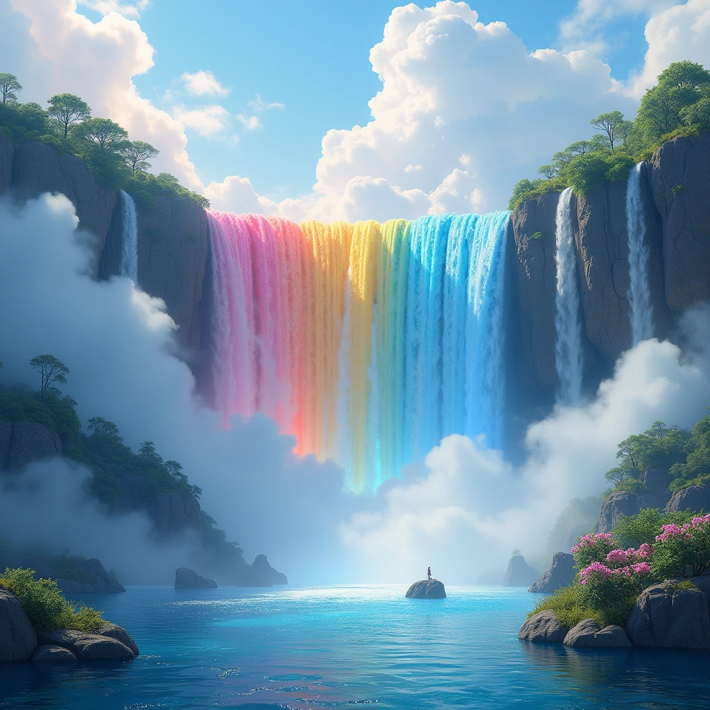 A realistic cascading waterfall flowing in all colors of a rainbow ...