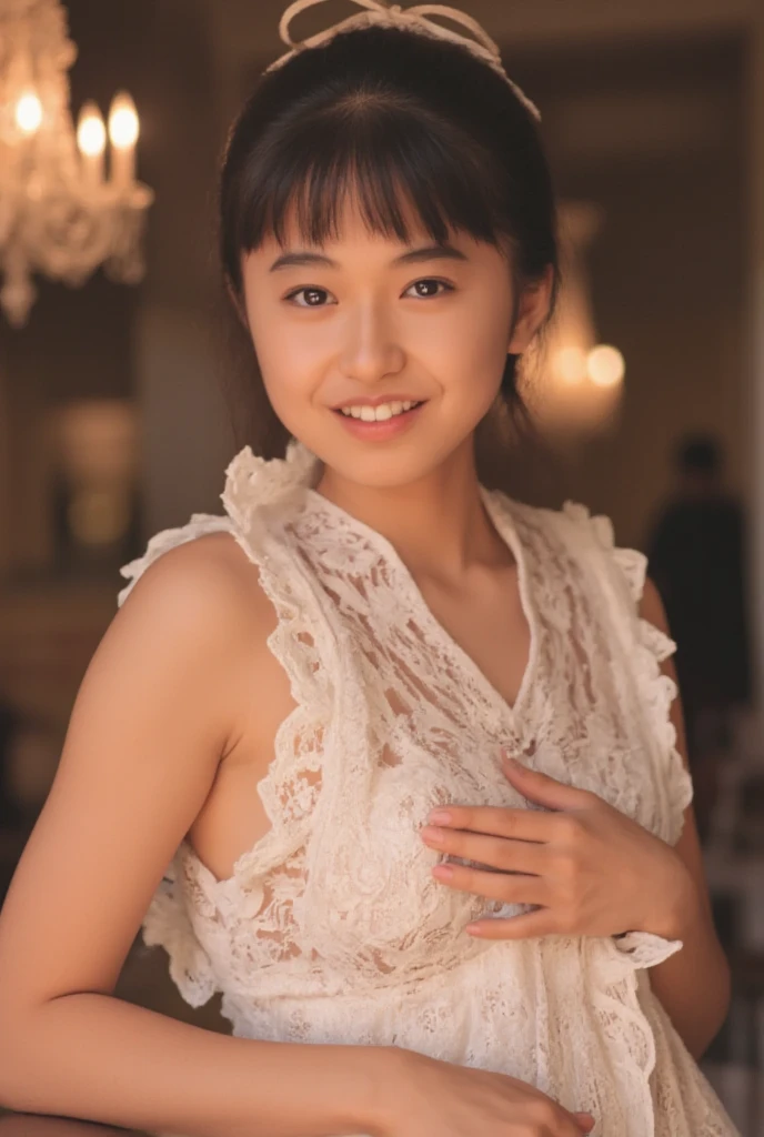 girl 、Alone、 fashion models , in a nice dress , Indoor with Chandeliers ...