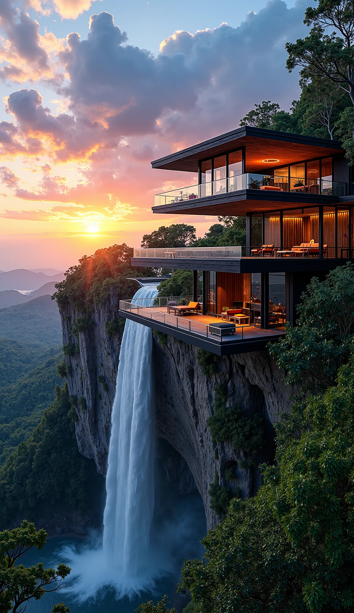 Arafed view of a waterfall with a house on top of it - SeaArt AI