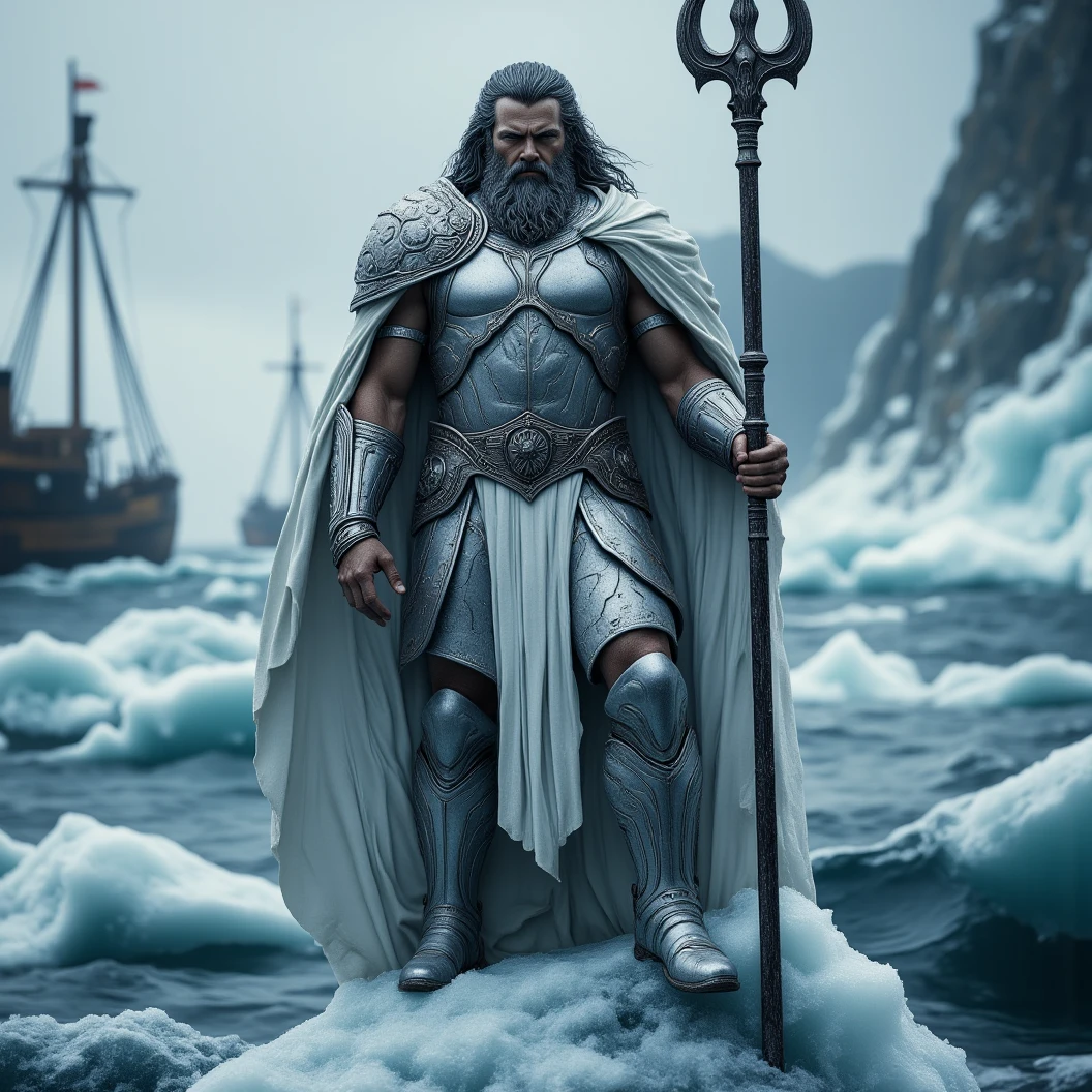 Imagine a close-up of Poseidon standing on a large iceberg. Dark gray ...