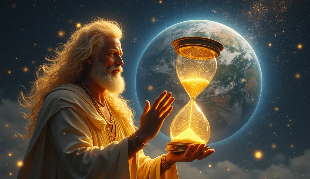God is represented as an energy being , surrounded by a gigantic clock ...