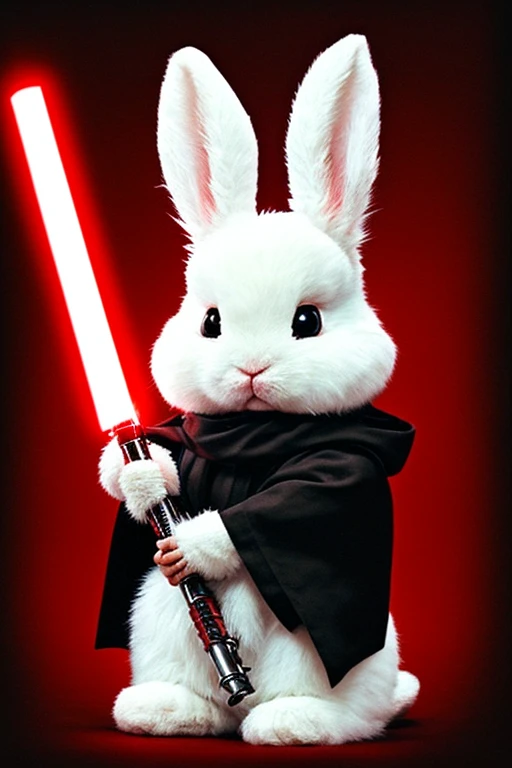 A fluffy white bunny with red eyes like a Sith Lord brandishing his red ...