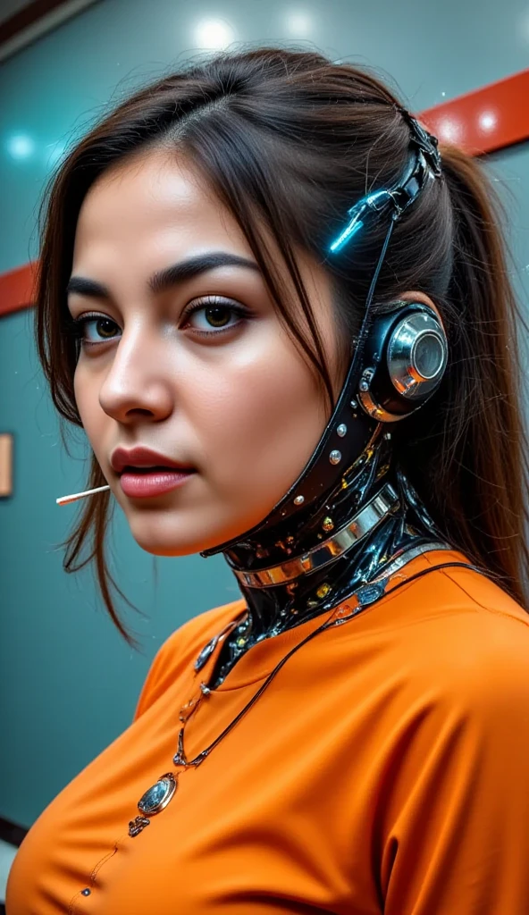 A highly detailed portrait of a futuristic female cyborg with a sleek ...