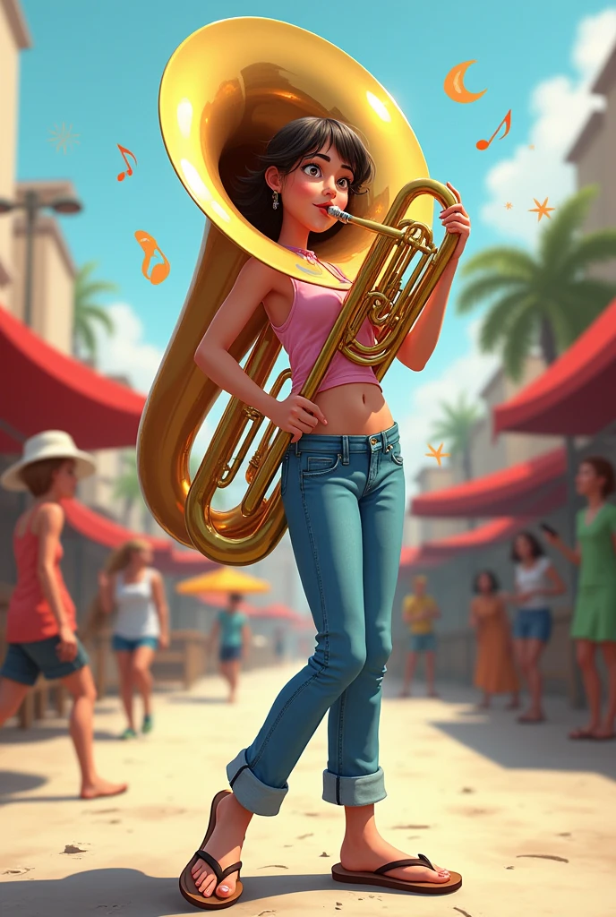 Tuba girl jeans and flip flops playing some oompahs - SeaArt AI