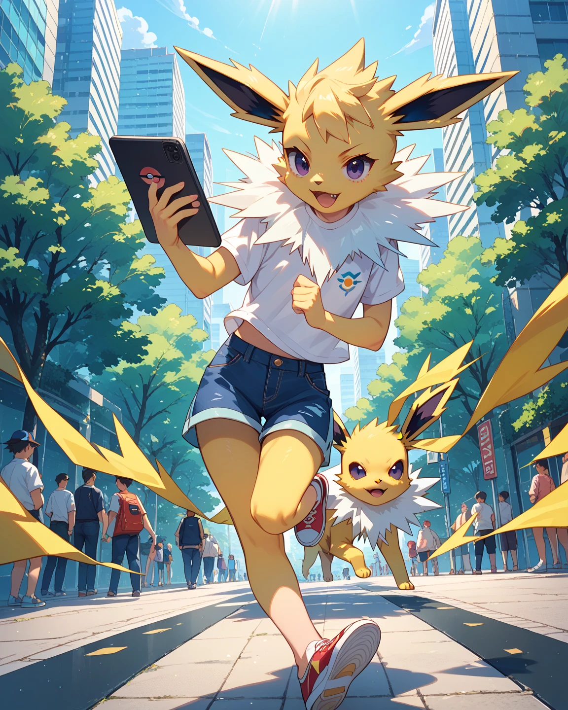 Jolteon from Pokémon jumping in a Tokyo Park throwing thunder - SeaArt AI