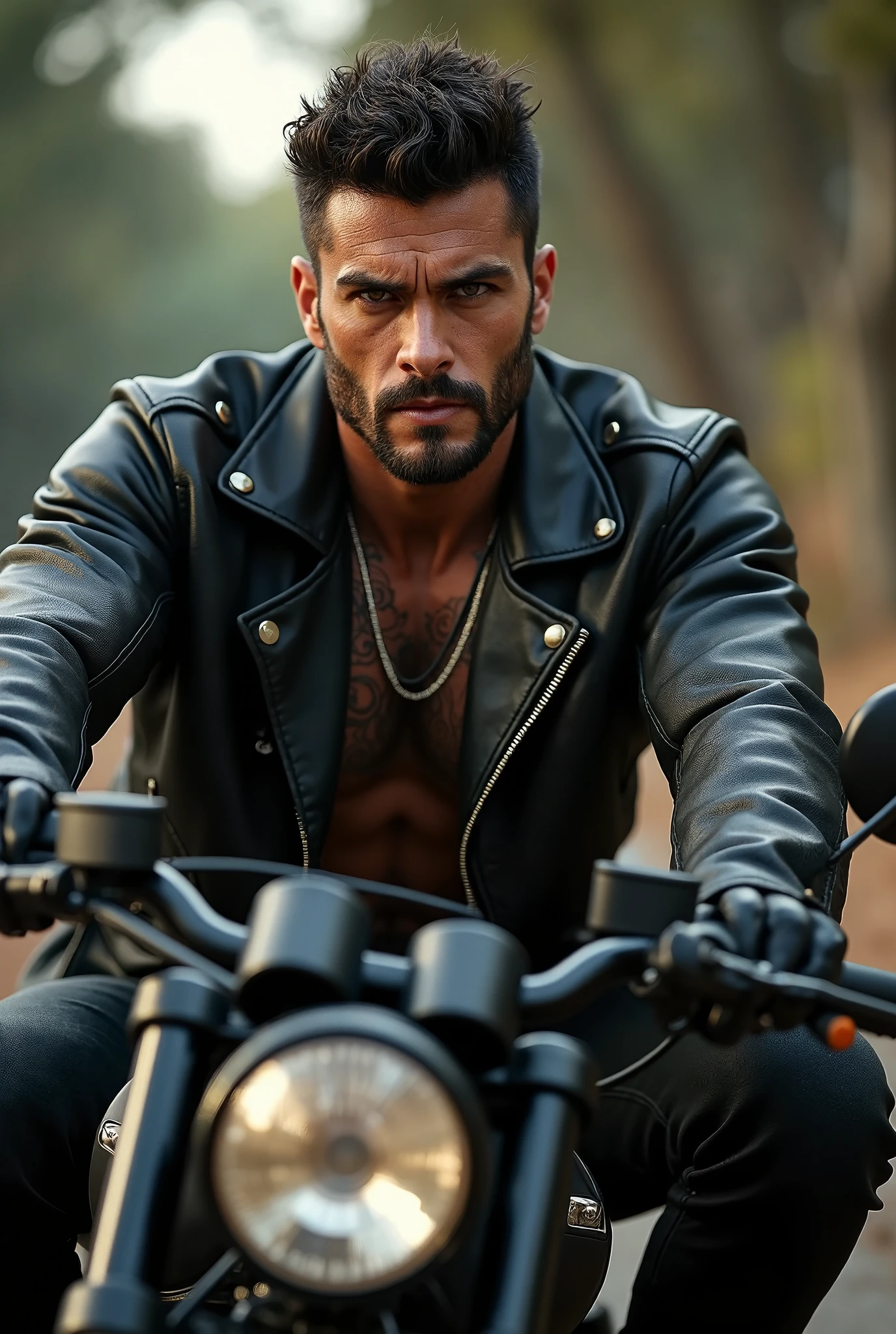 Detailed photo, hyper realistic, a handsome, 20 years old biker outlaw ...