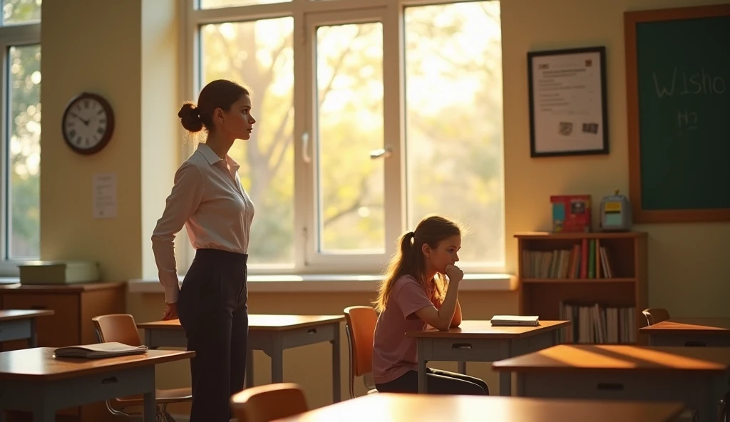 "A cozy, sunlit high school classroom with large windows letting in ...