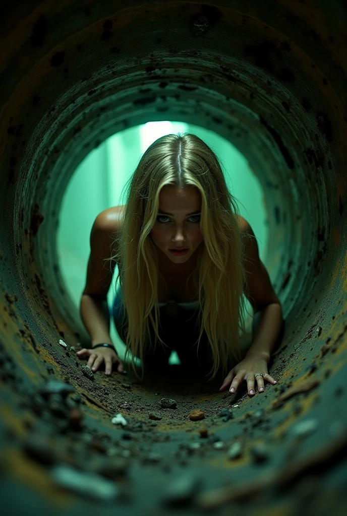 Close image of a woman blonde hair crawling inside dirty tight close ...