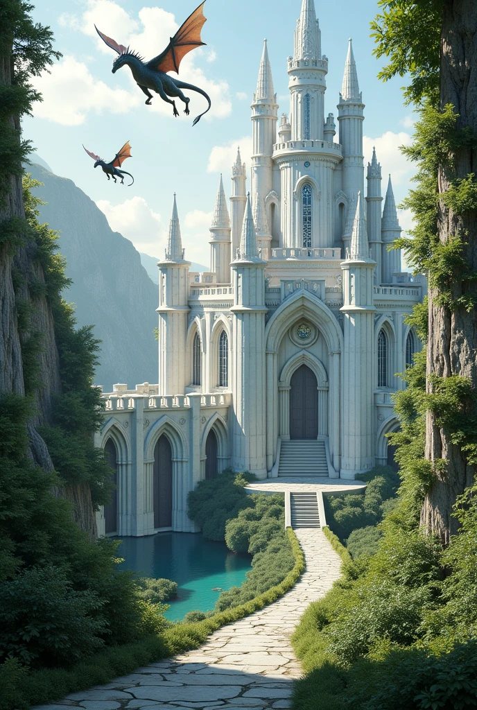 Royal castle made of white marble . large vegetation and enchanted ...