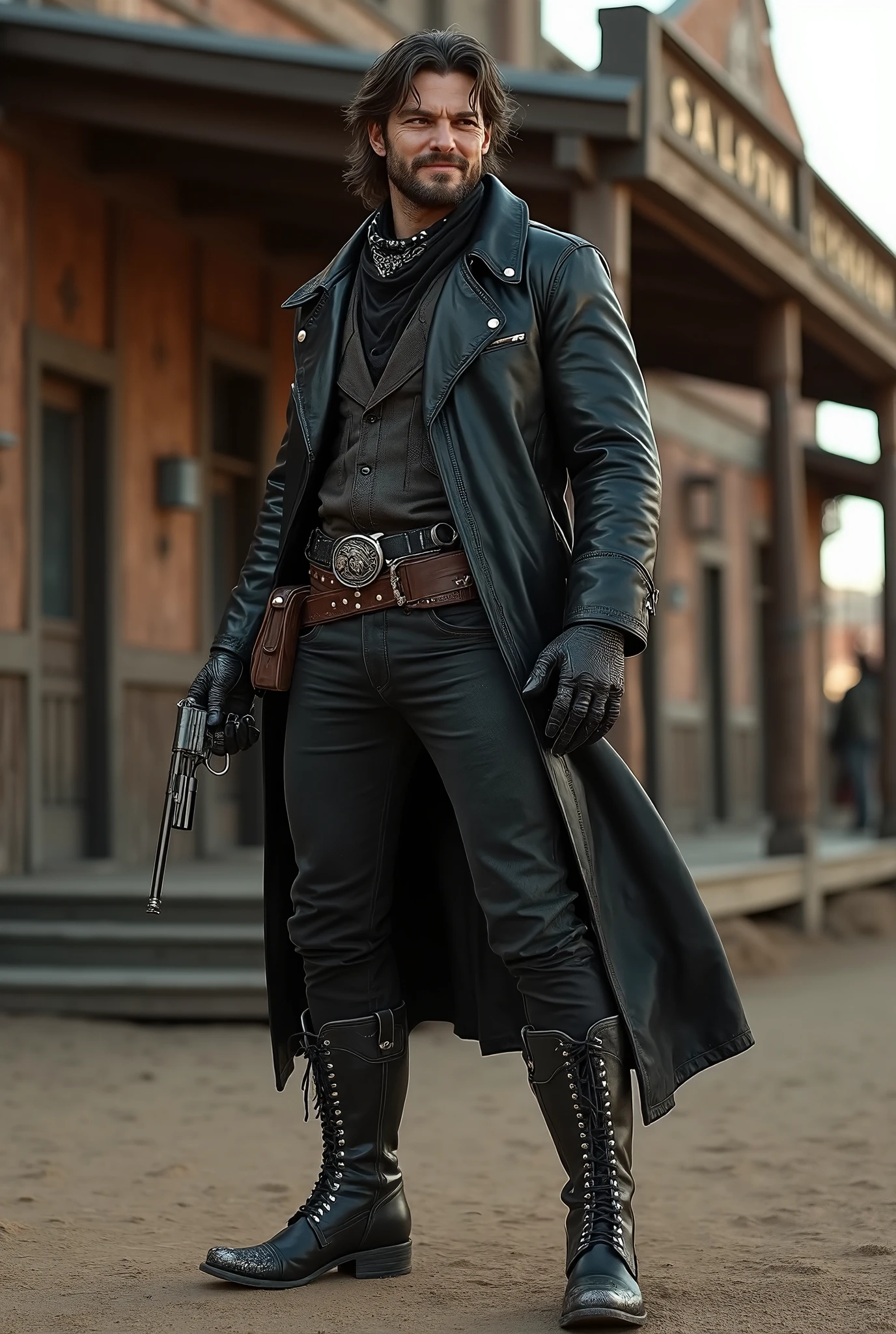 Arafed man in a black coat and leather pants holding a gun - SeaArt AI