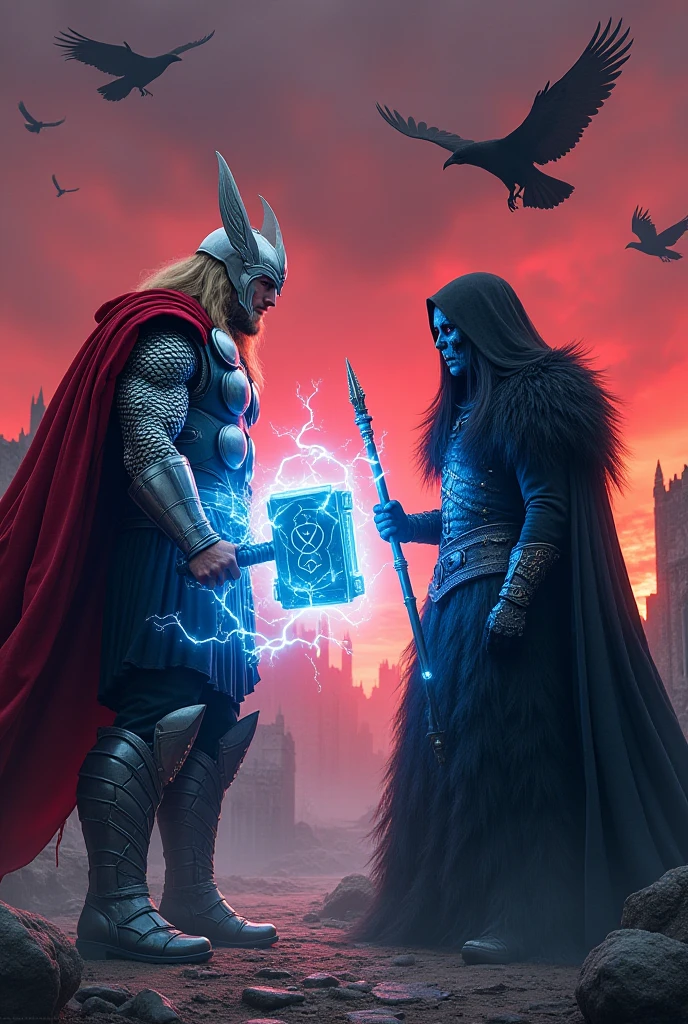 A mighty paladin of Thor, clad in shining silver and blue armor - SeaArt AI