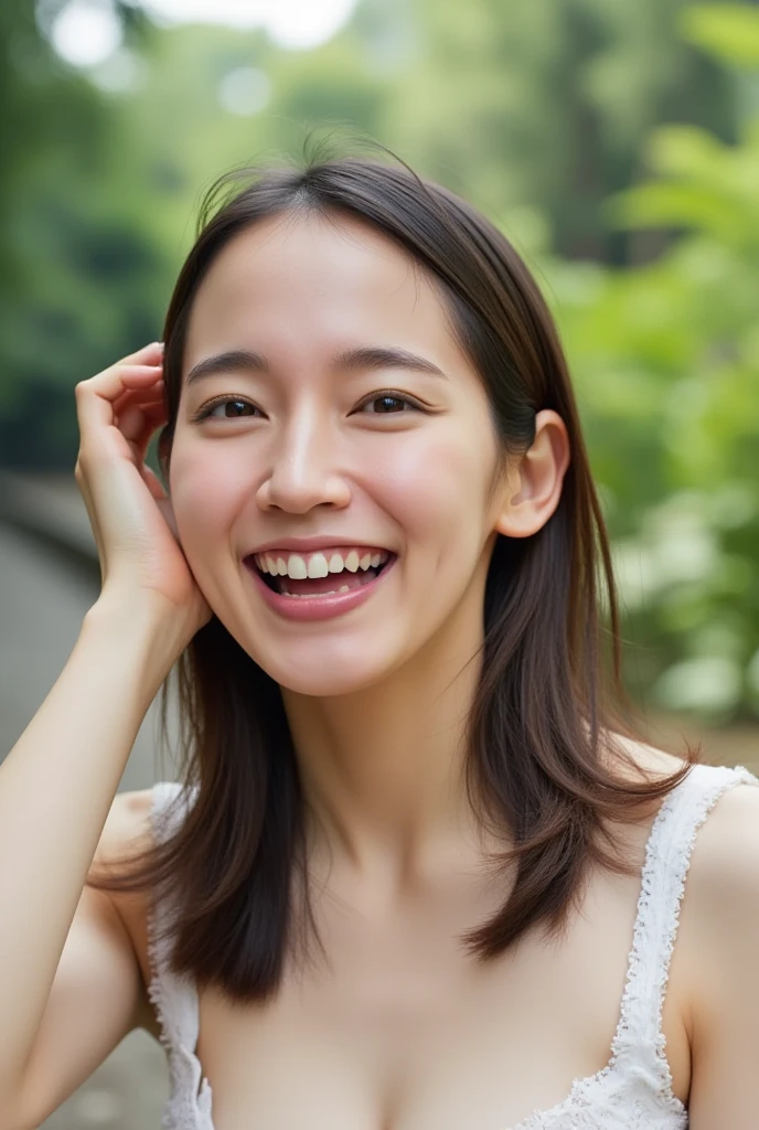 Woman posing for a photo, Laugh, Happy, Long hair, Straight hair ...