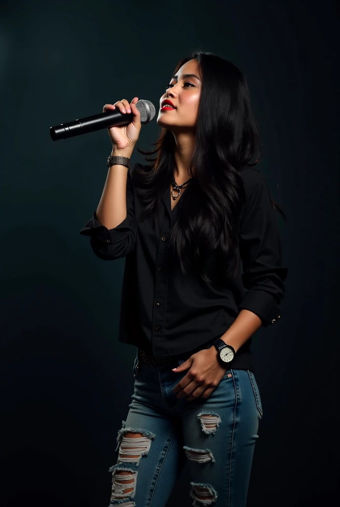 Indonesian singer girl holding mike black hair long jeans ripped black ...