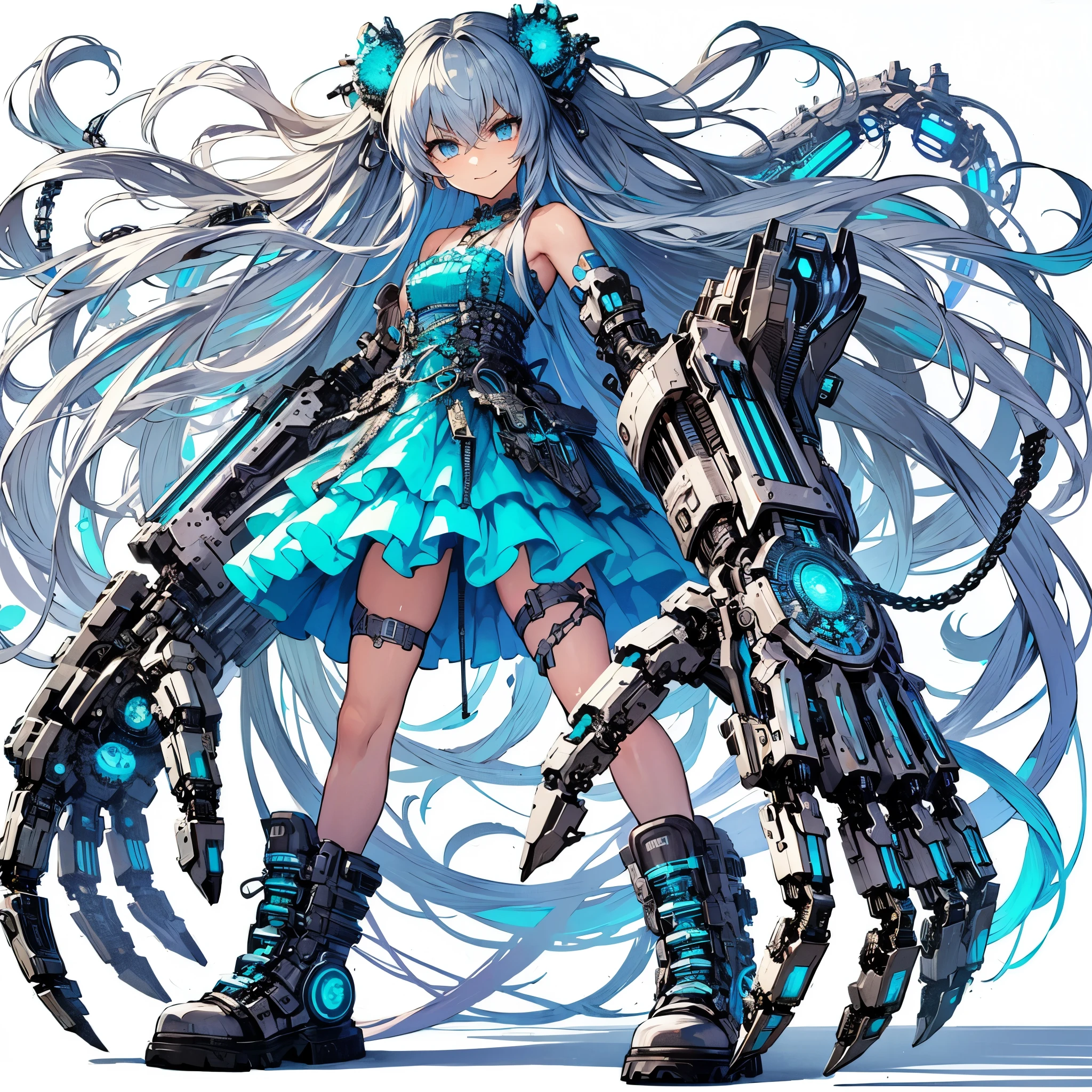 Anime girl with long hair and blue dress holding a large machine ...