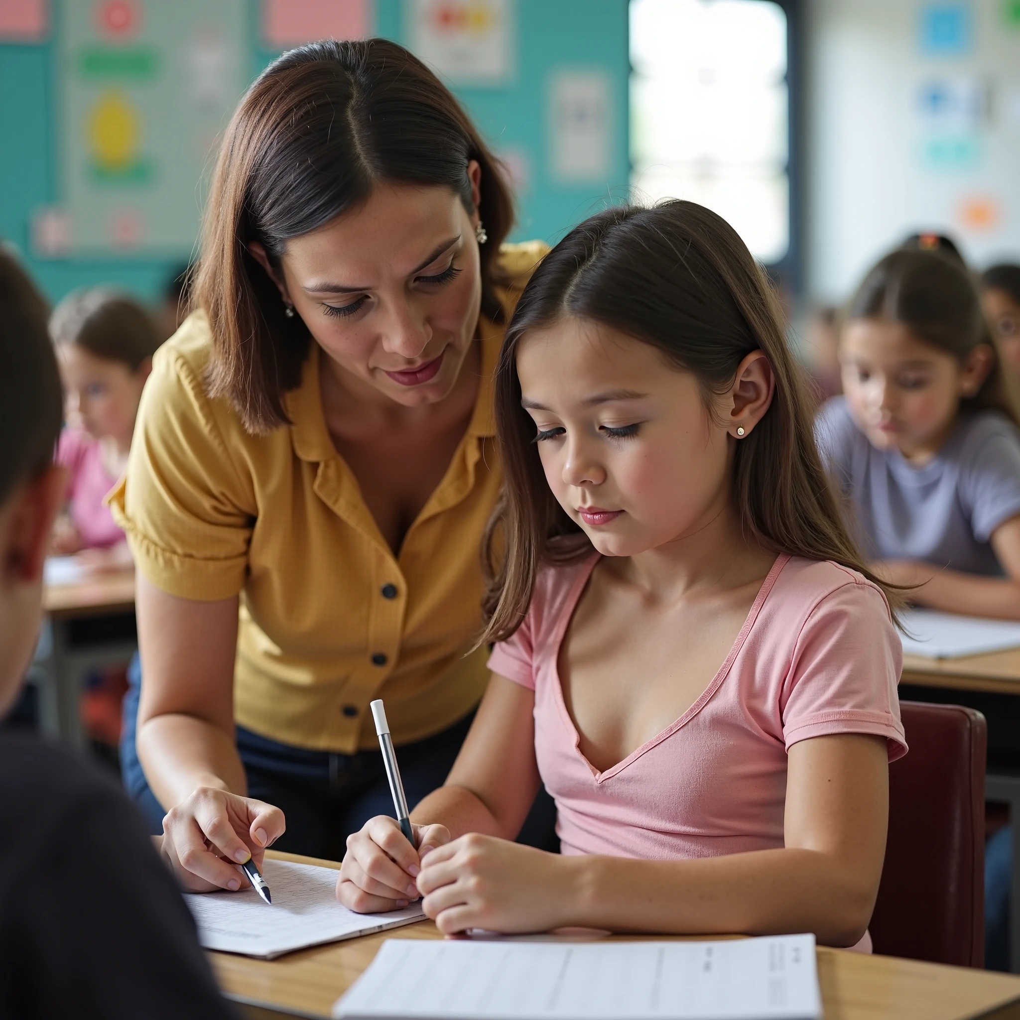 There is a woman helping a girl write in a classroom - SeaArt AI