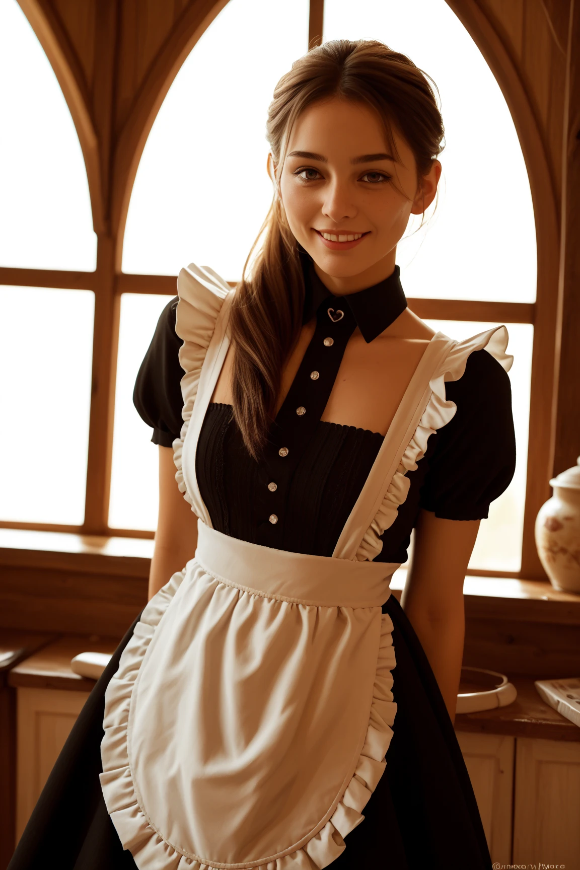 Cottage、Beauty、 brown hair、 long hair、Maid、 apron、 smiles、Looking out ...